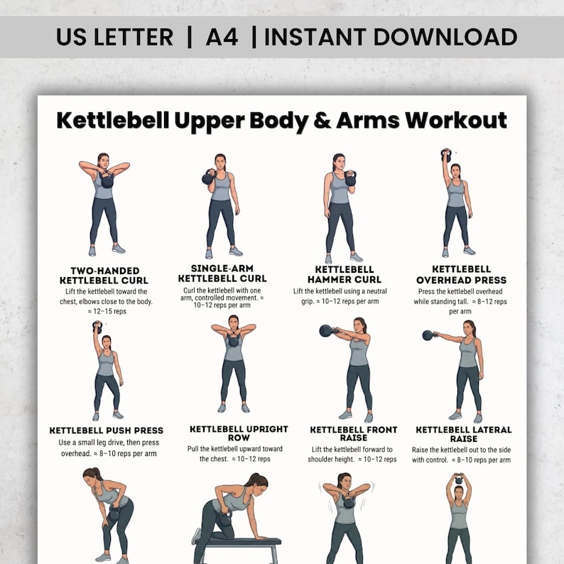 Kettlebell Upper Body Workout Printable, Arms and Shoulder Kettlebell ...