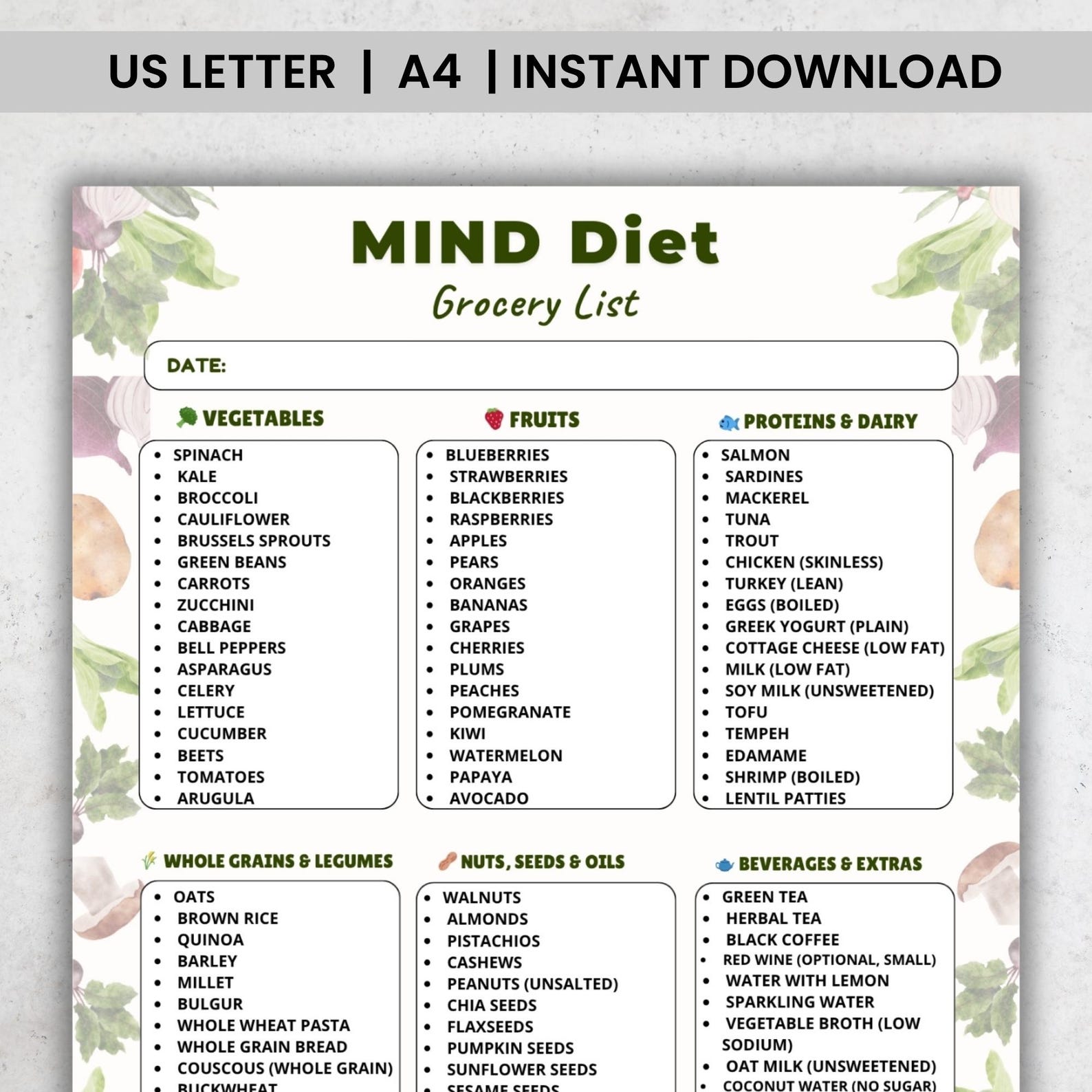 MIND Diet Grocery List Printable | Brain Friendly Shopping List ...