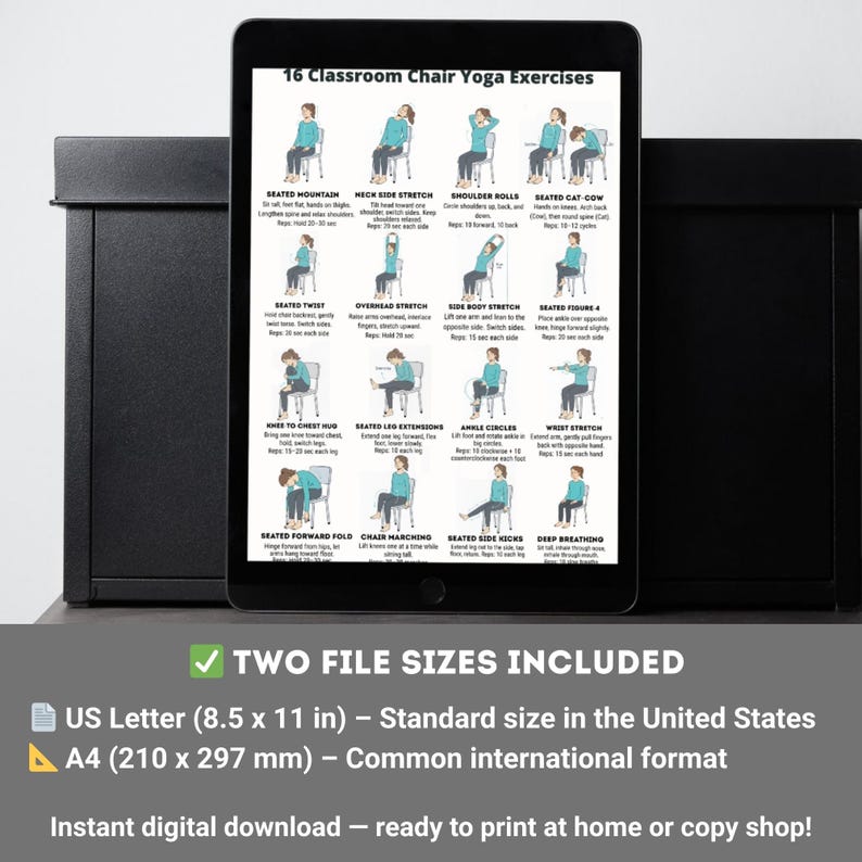 Classroom Chair Yoga Exercises Printable, 16 Chair Yoga Poses, School ...