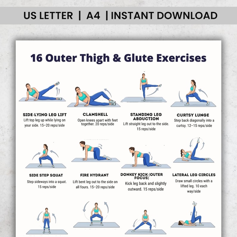 Outer Thigh and Glute Workout Printable | 16 Exercise Sheet | Home ...