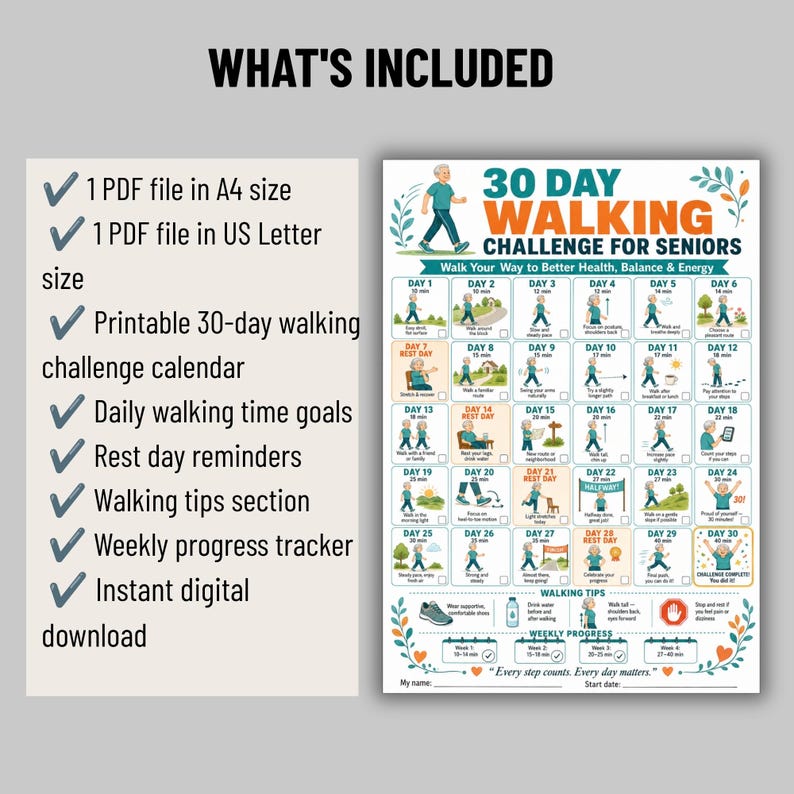 30 Day Walking Challenge for Seniors, Senior Exercise Printable ...