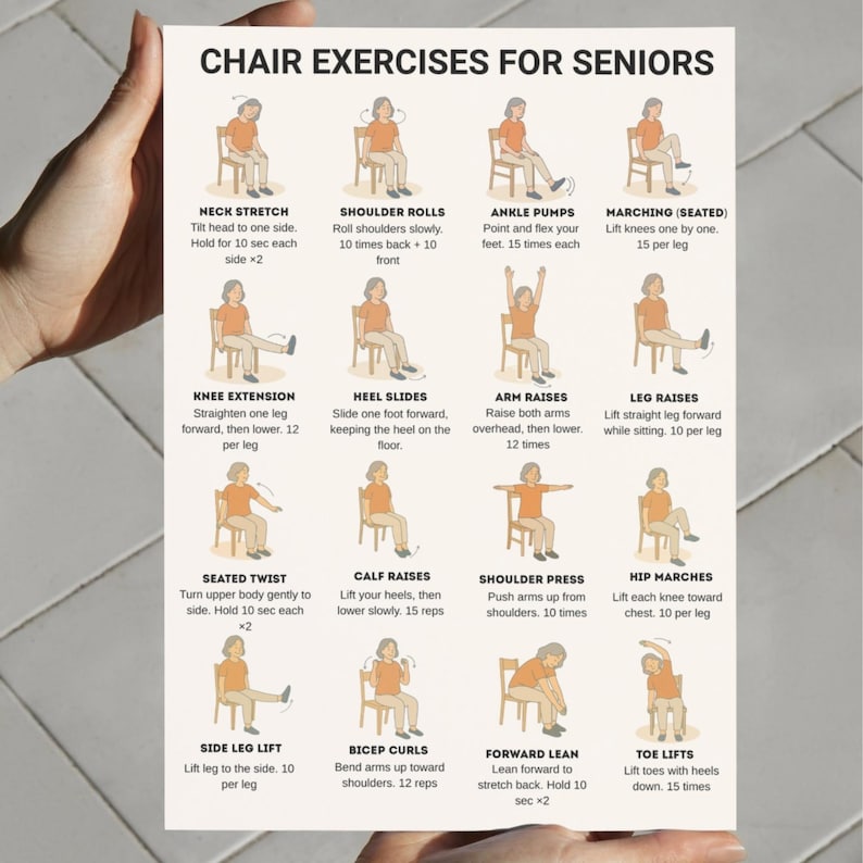 Chair Exercises for Seniors Printable, Seated Workout Chart, Gentle ...