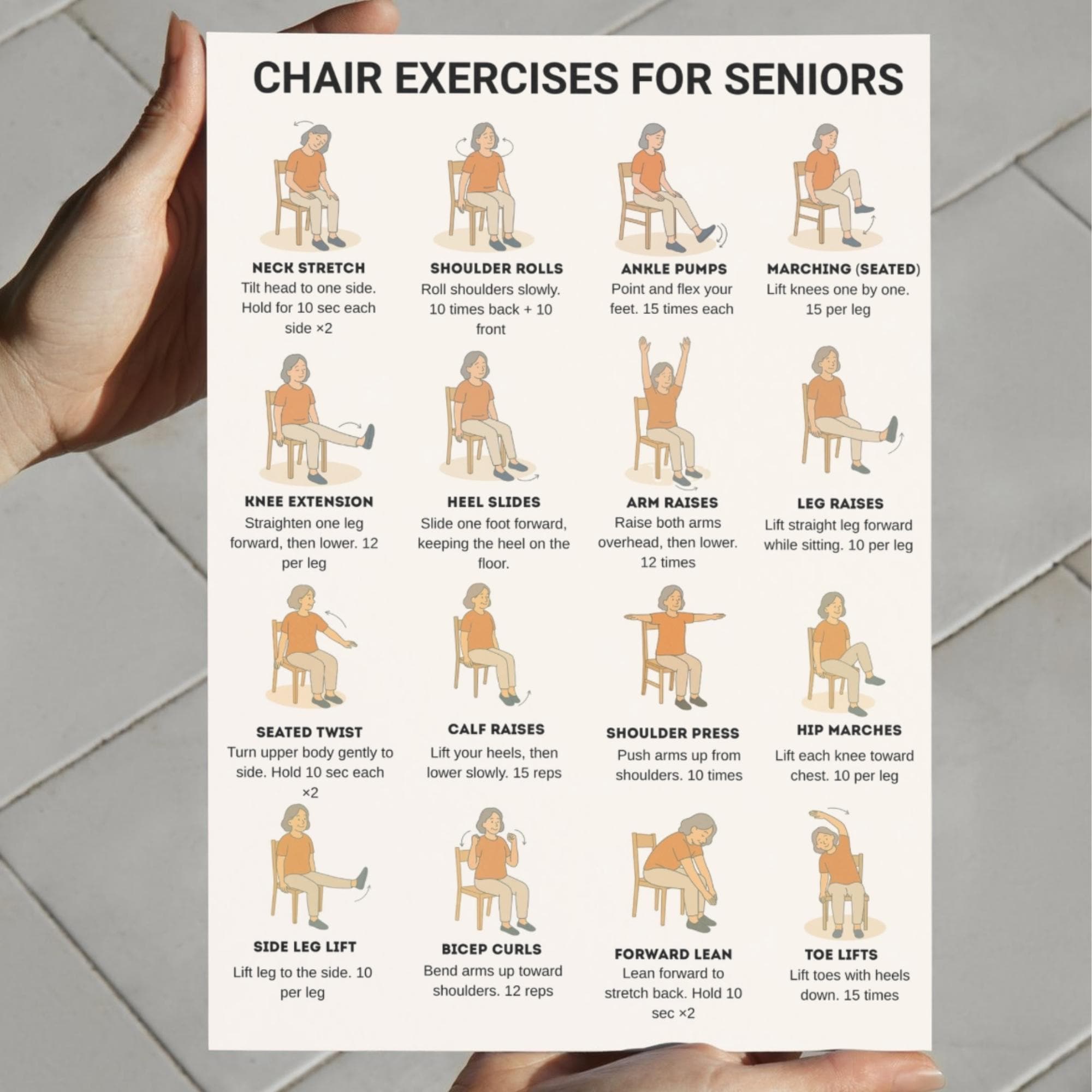 Chair Exercises for Seniors Printable, Seated Workout Chart, Gentle ...