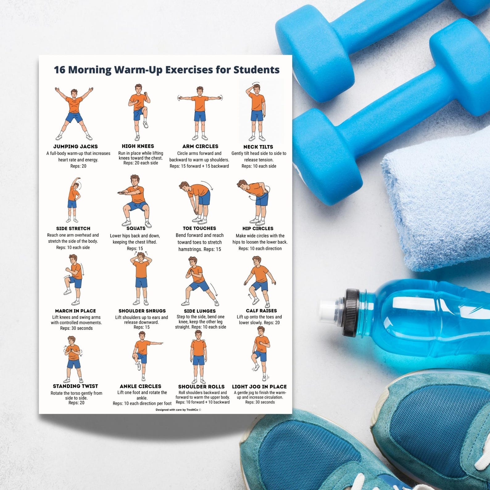 Morning Warm-up Exercises for Students Printable, Kids Exercise Chart ...