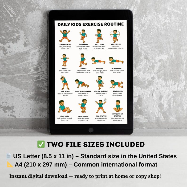 Kids Exercise Chart Printable – 16 Daily Workout Moves Poster | Kids ...
