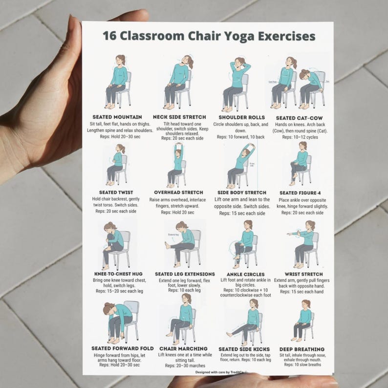 Classroom Chair Yoga Exercises Printable, 16 Chair Yoga Poses, School ...