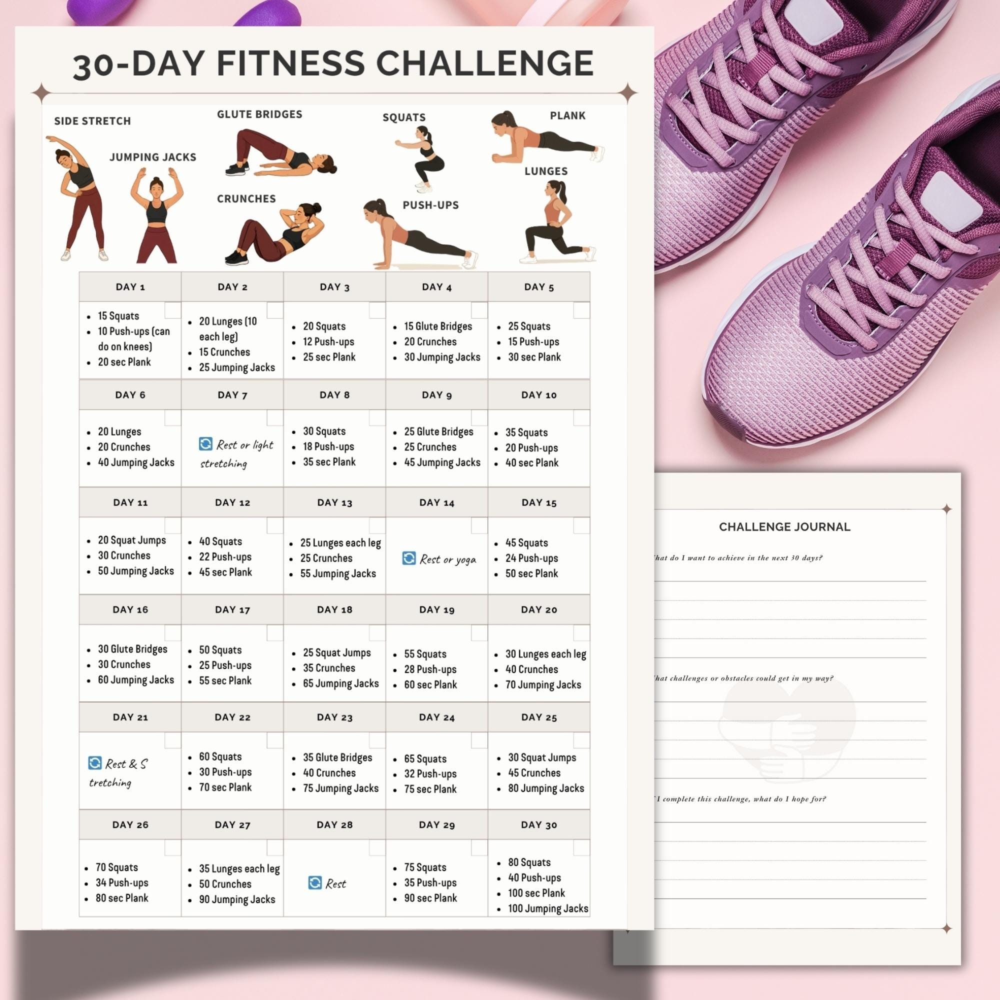 30 Day Fitness Challenge Printable Workout Chart, Home Workout Planner ...