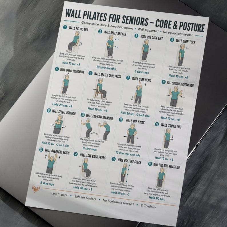 Wall Pilates for Seniors Printable PDF, Core Posture Exercises, Gentle ...