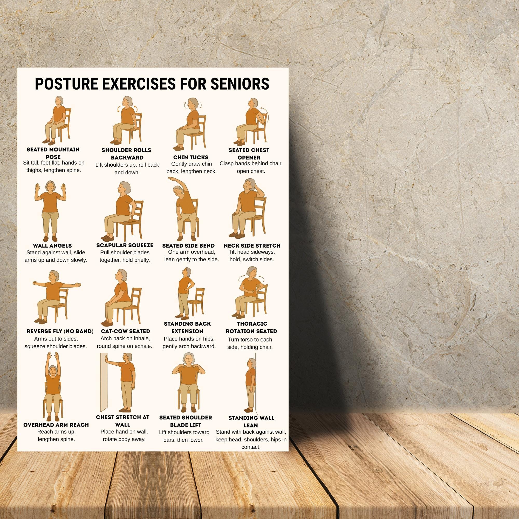 Posture Exercises for Seniors, Printable Posture Chart PDF, Chair & Standing Posture Correction ...