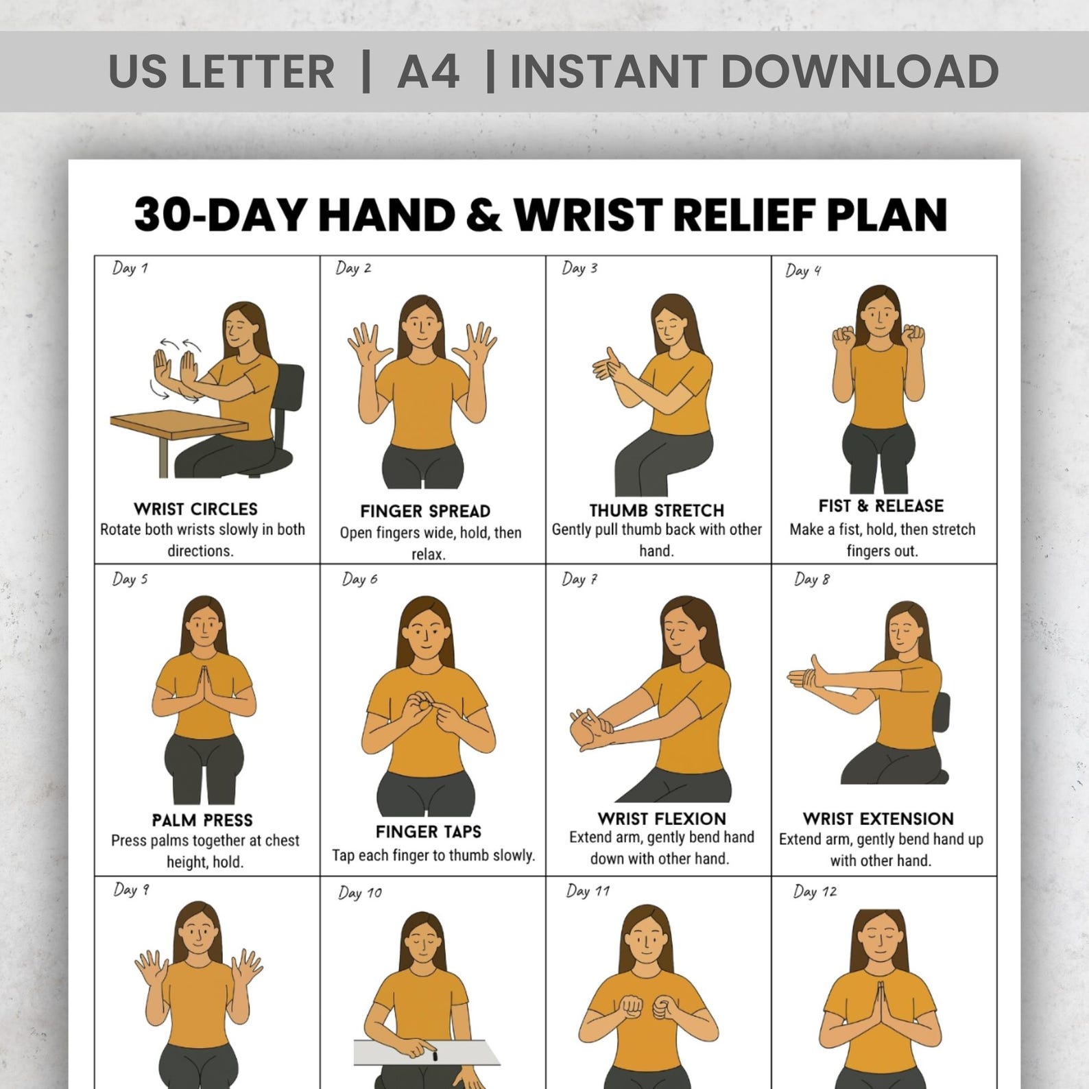 30 Day Hand and Wrist Exercise Plan PDF, Printable Daily Stretches for ...