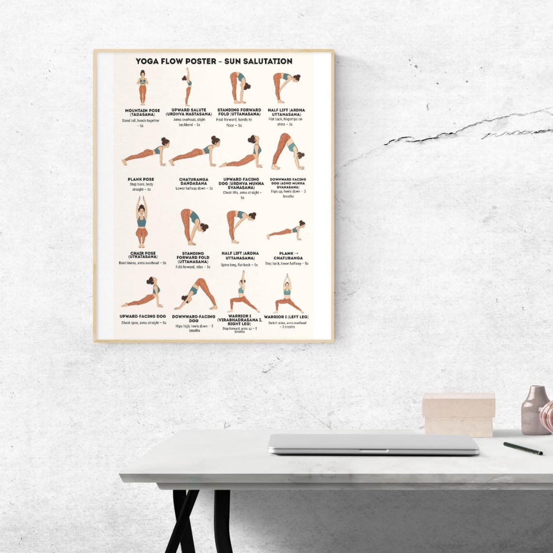 Yoga Flow Poster Sun Salutation | 16 Yoga Poses Chart | Beginner Yoga ...