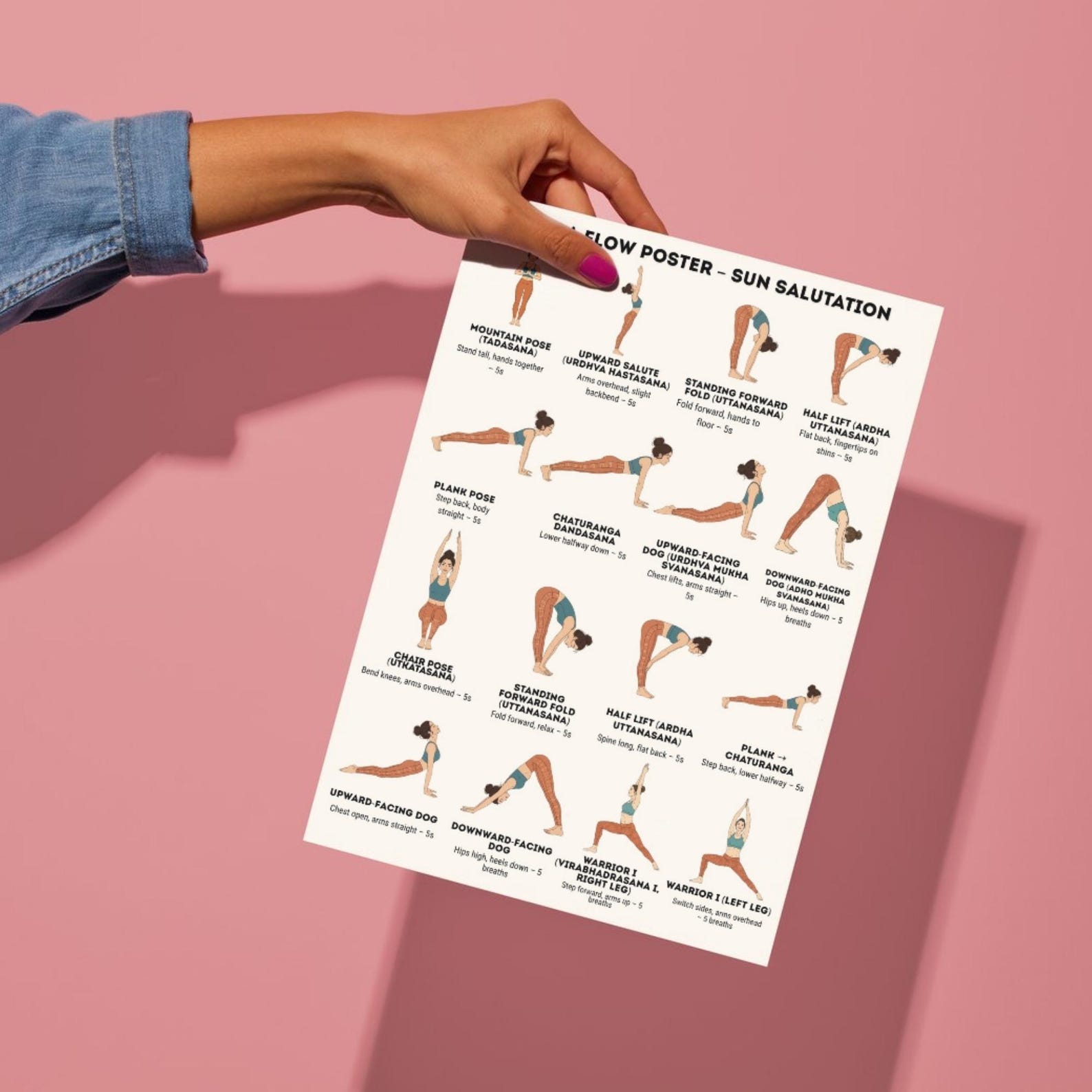 Yoga Flow Poster Sun Salutation | 16 Yoga Poses Chart | Beginner Yoga ...