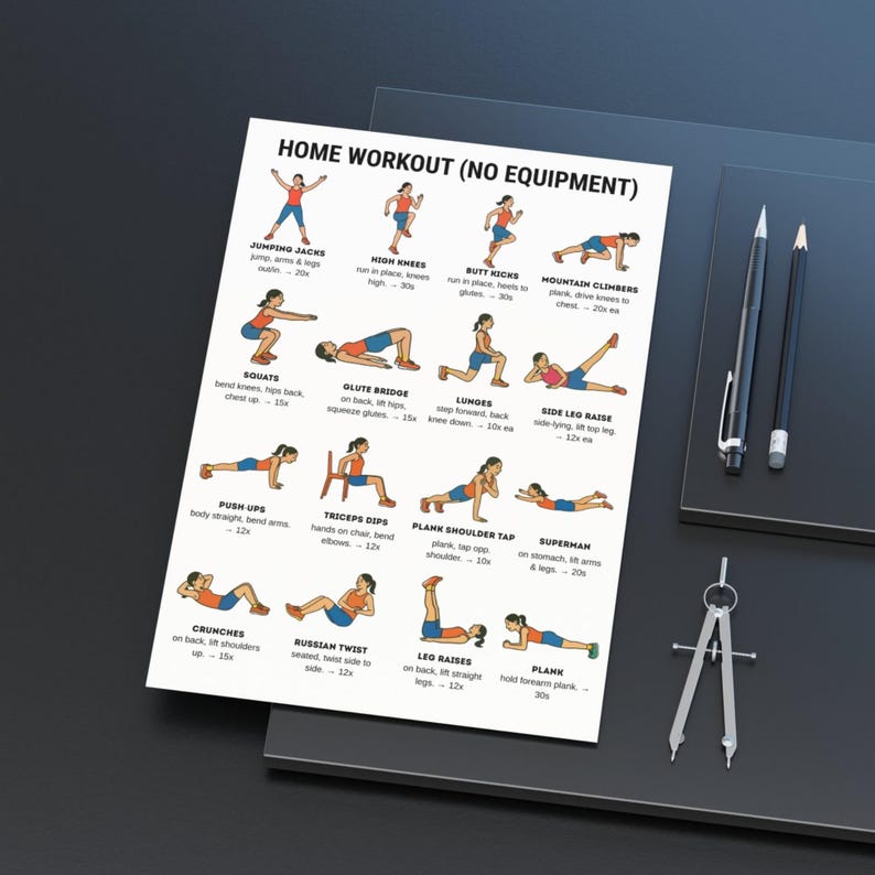 Home Workout Printable – 16 No Equipment Exercises | Full Body Workout ...