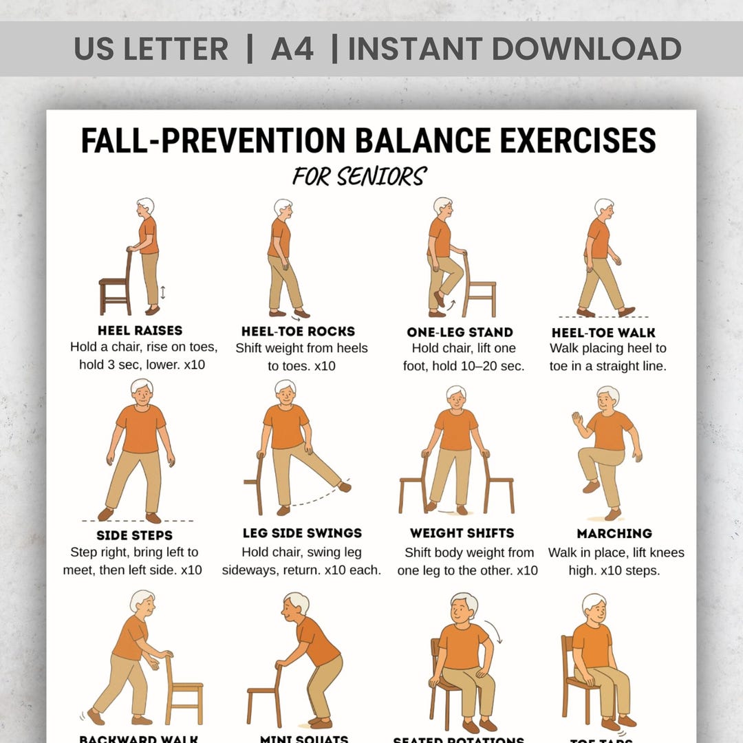 Fall Prevention Balance Exercises for Seniors Printable PDF | Chair ...