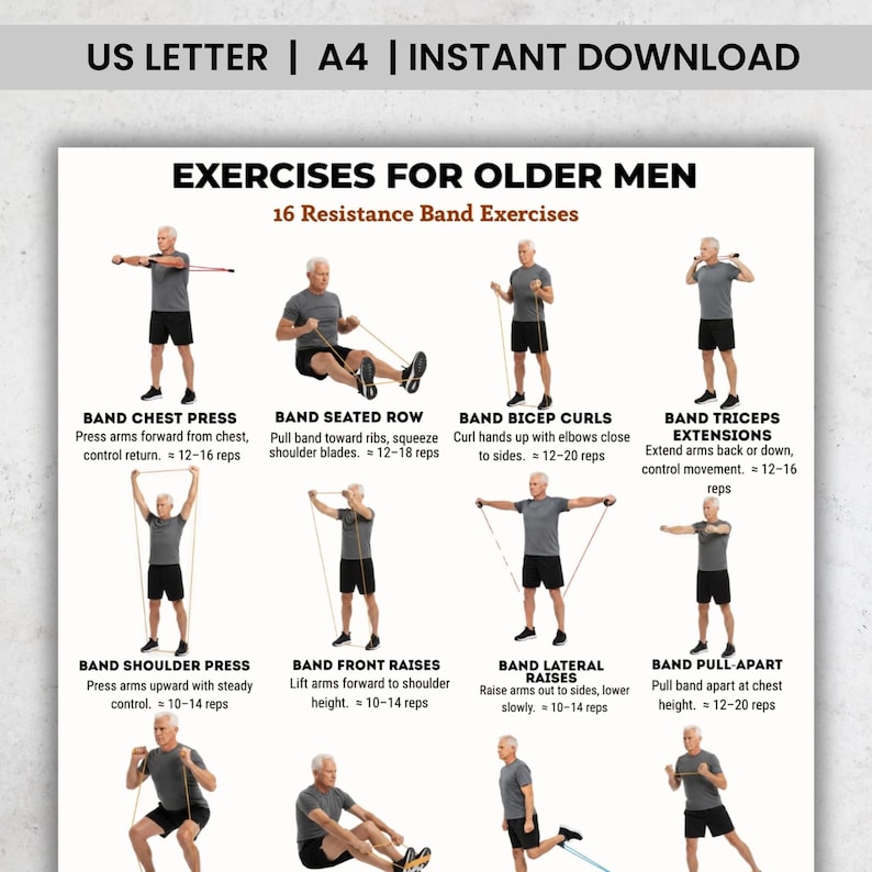 Exercises for Older Men Printable – 16 Resistance Band Exercises ...