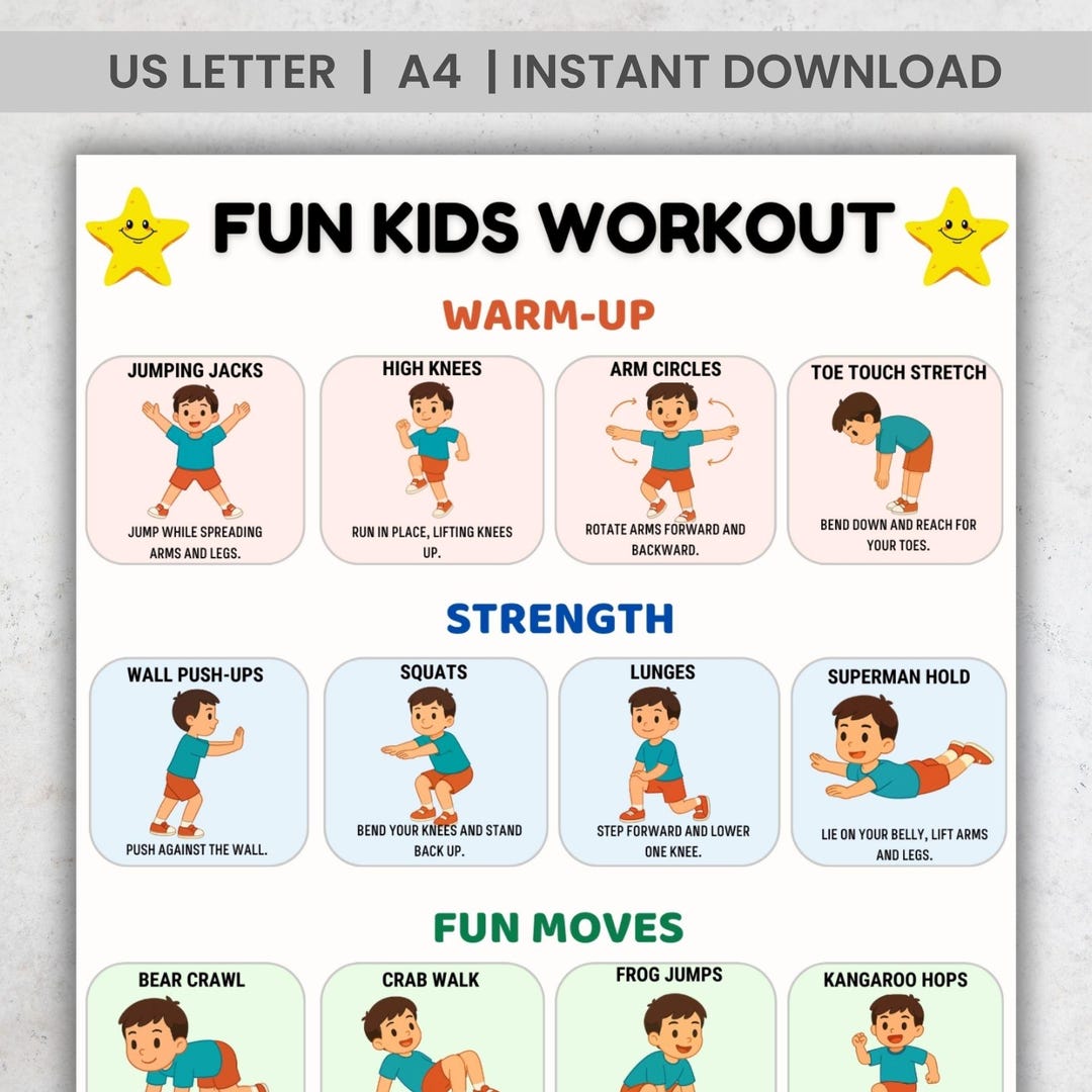 Kids Fitness Poster, Kids Exercise Chart, Printable Workout for ...