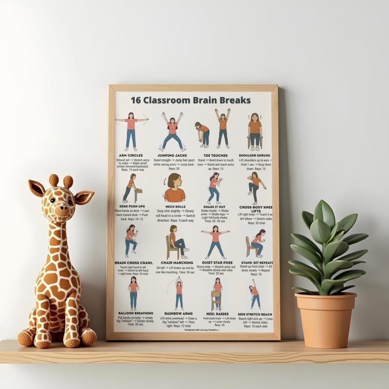 Classroom Brain Breaks Printable | 16 Kids Movement Exercises | A4 ...