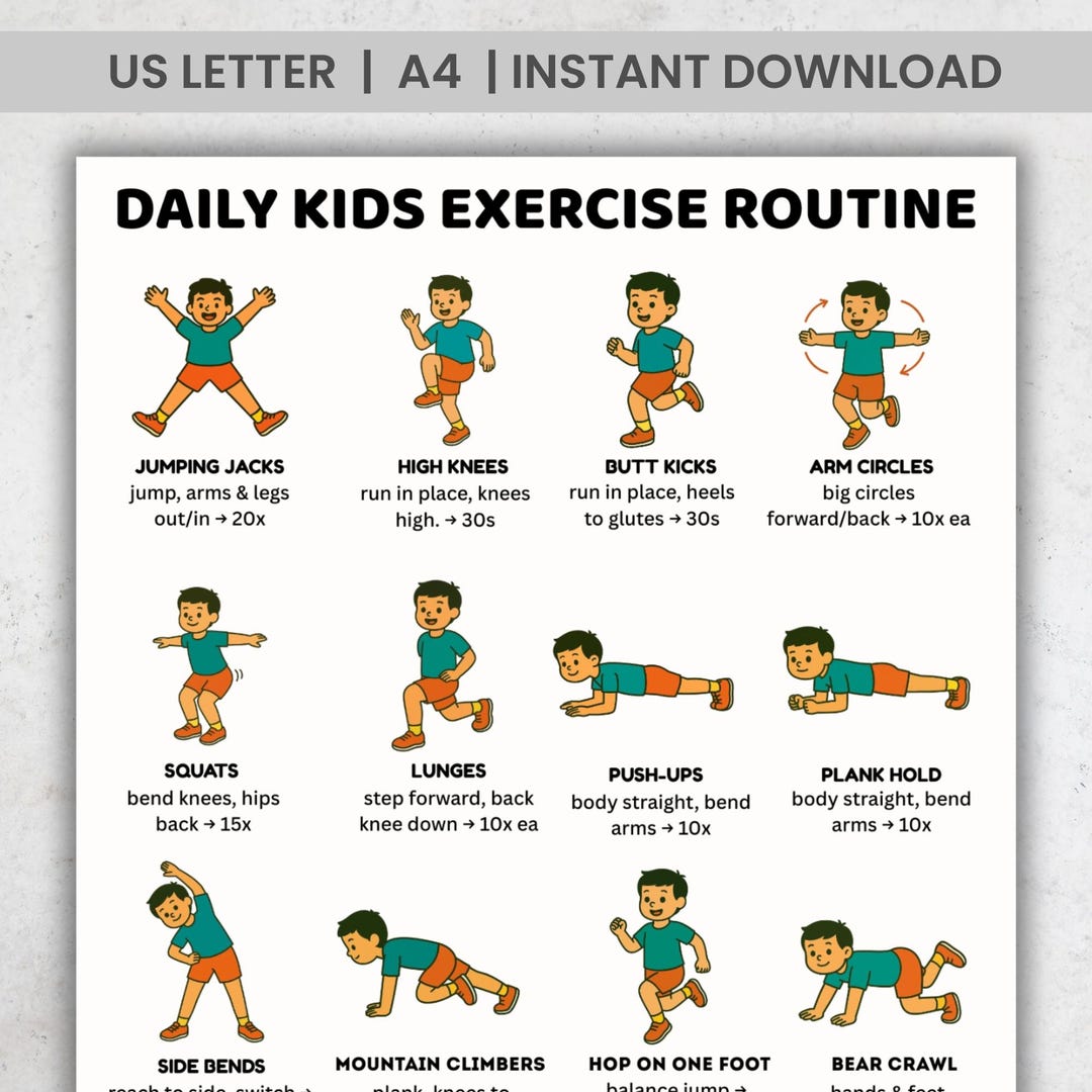 Kids Exercise Chart Printable – 16 Daily Workout Moves Poster | Kids ...