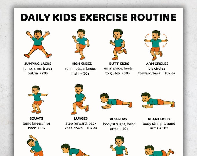 Kids Exercise Chart Printable – 16 Daily Workout Moves Poster | Kids ...