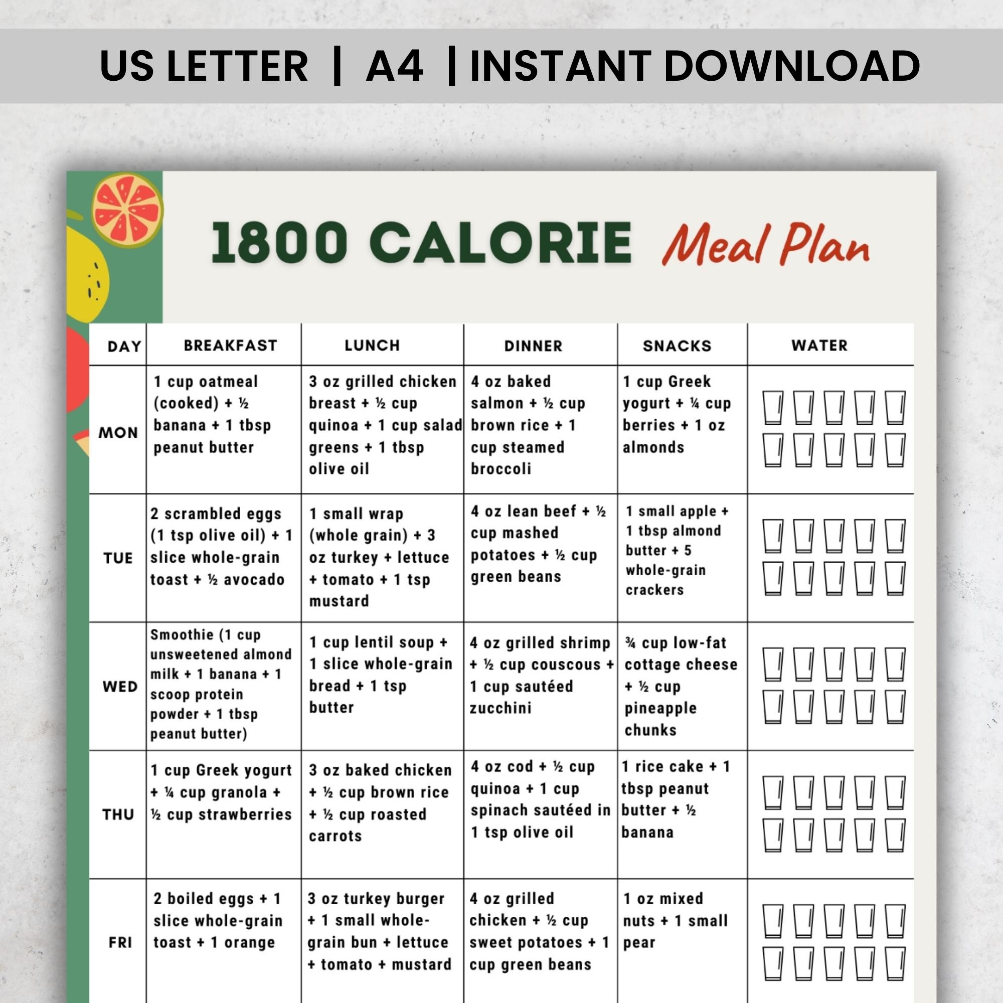 1800 Calorie Meal Plan Printable | 1800 Calories Meal Prep Planner PDF ...