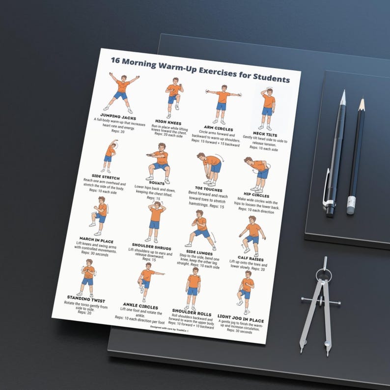 Morning Warm-up Exercises for Students Printable, Kids Exercise Chart ...