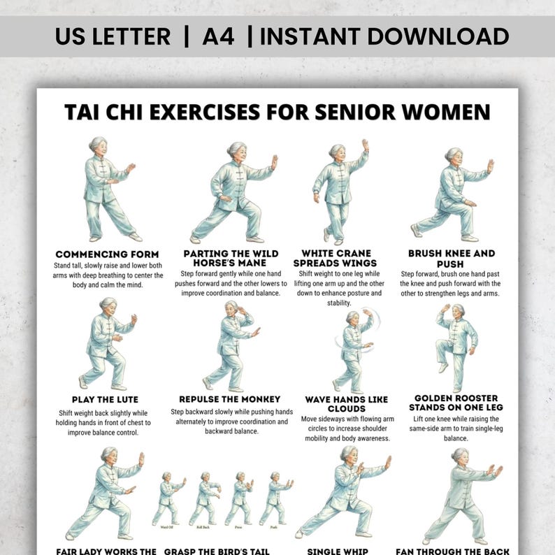 Tai Chi Exercises for Senior Women | Printable Tai Chi Forms Poster ...