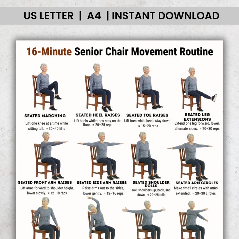 Senior Chair Exercise Poster, Seated Exercises for Seniors, 16 Minute ...
