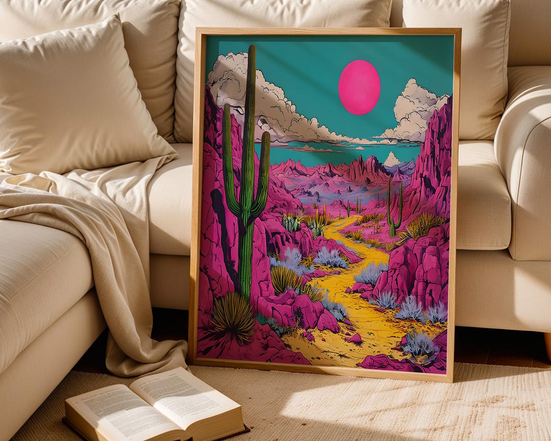 Surreal Desert Wall Art - Psychedelic Cactus Sunset Print, Neon ...