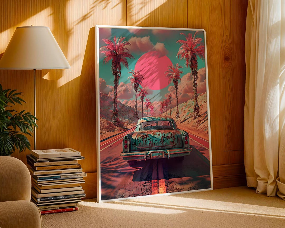 Rustic Road Trip Wall Art - Surreal Vintage Car Print, Neon Sunset ...