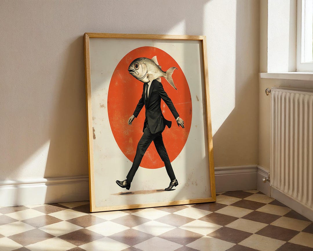 Surreal Vintage Fish Head Man Wall Art Print – Whimsical Absurdist ...