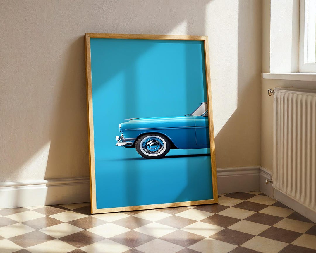 Retro Blue Classic Car Print Mid Century Vehicle Art Vintage Auto ...