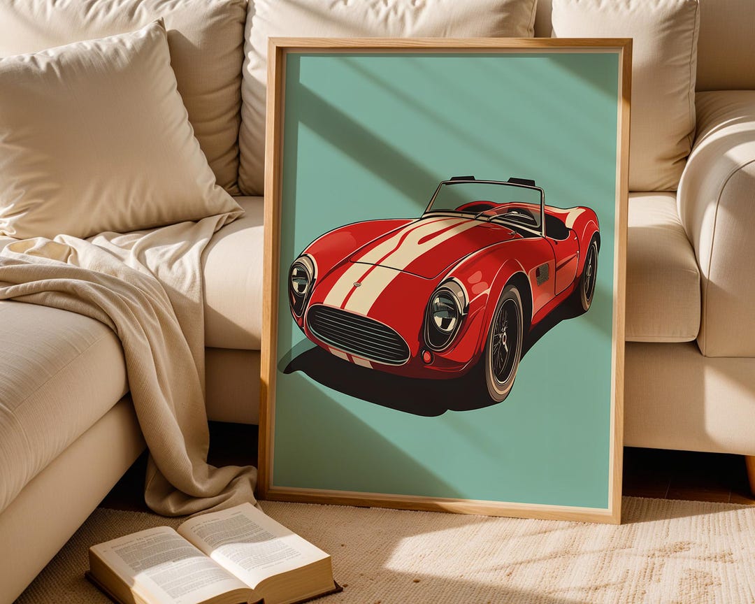 Red Vintage Race Car Poster Classic Convertible Print Retro Auto Art ...