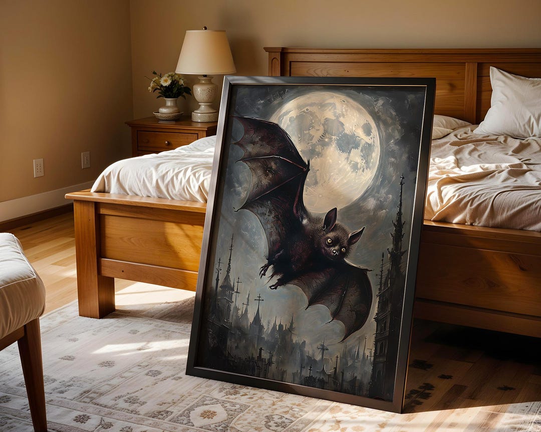 Gothic Bat Wall Art - Dark Fantasy Bat in Flight Against Full Moon ...