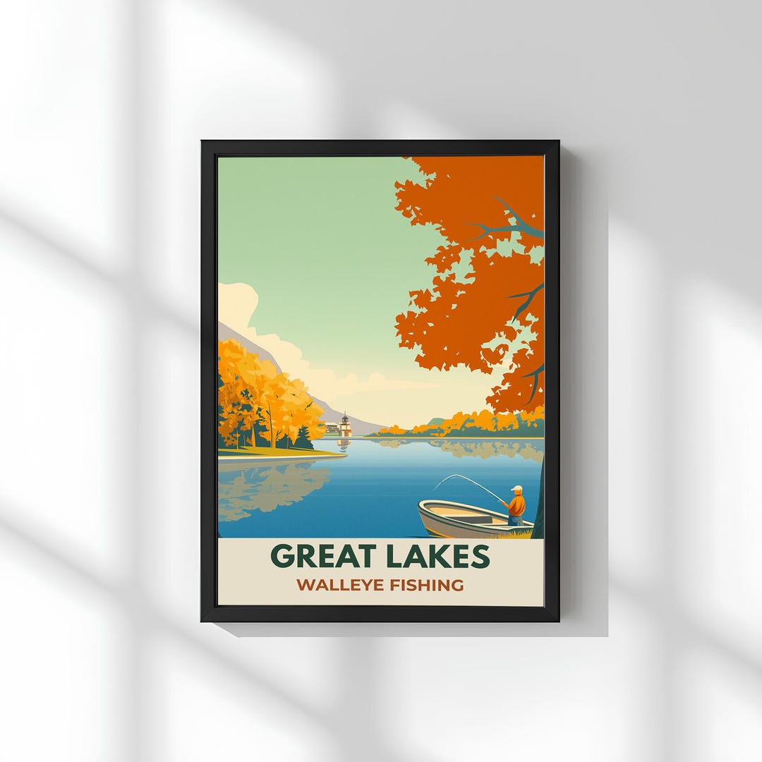 Great Lakes Fishing Poster, Retro Walleye Wall Art, Midwest Travel ...