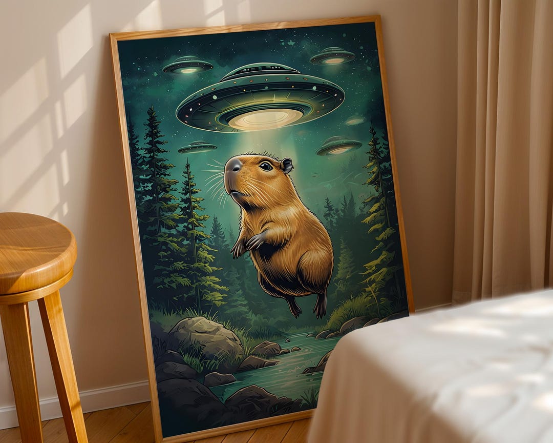 Capybara UFO Abduction Art Alien Forest Sci-fi Print Funny Animal Wall ...
