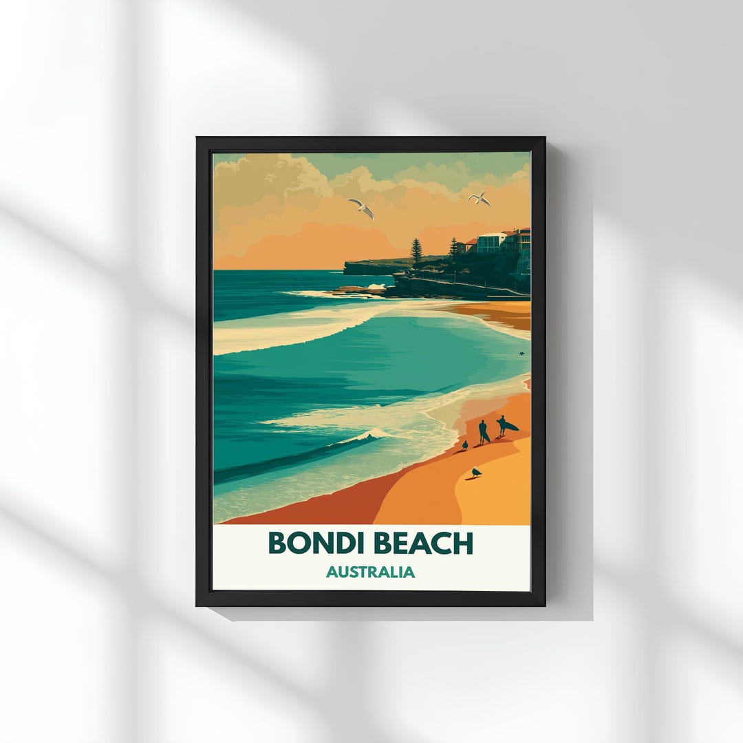 Bondi Beach Australia Travel Poster, Retro Coastal Print (digital ...