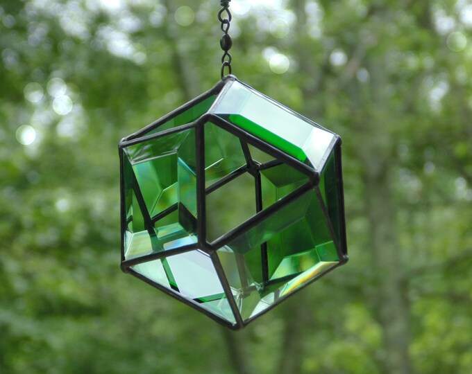 3D Stained Glass Spinner Suncatcher, Green Bevel Prism, Geometric Orb ...