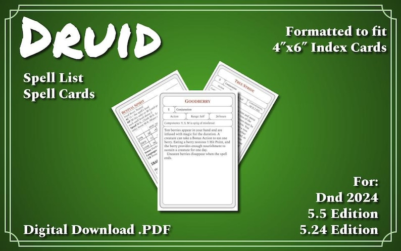5.5e Dnd Druid Spell Cards Digital Download - D&D Players Handbook 2024 Printable PDF - Etsy