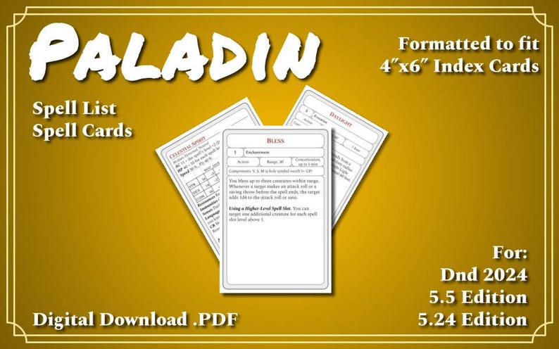 5.5e Dnd Paladin Spell Cards Digital Download - D&D Players Handbook ...
