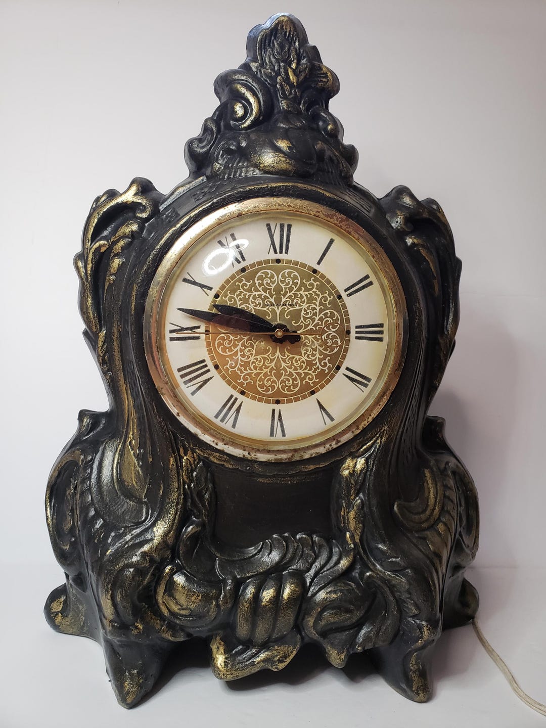 Vintage Plaster Mantel Clock-dark Athestic, Gothic Black & Gold Painted ...