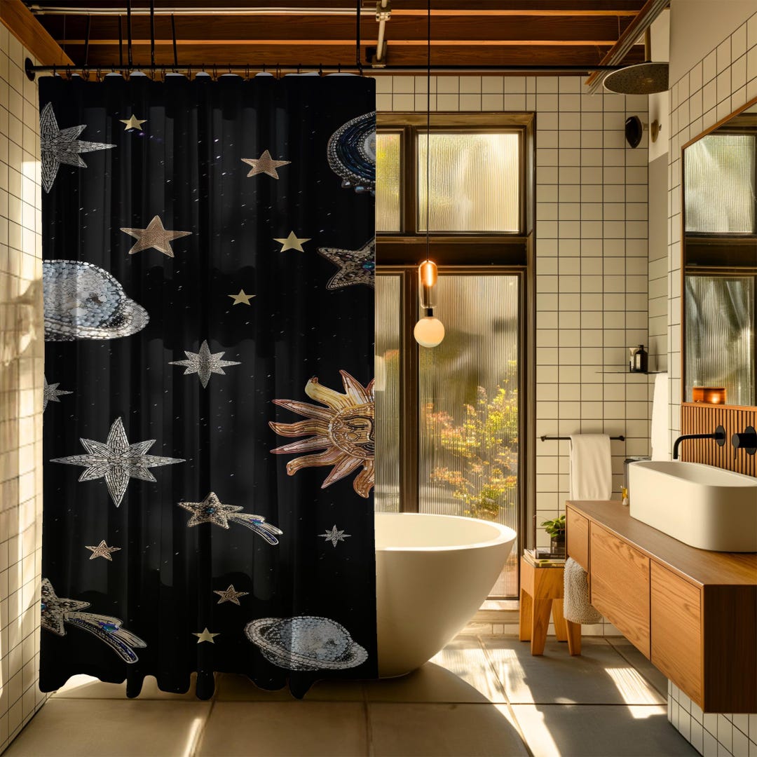 Celestial Beaded Shower Curtain - Gold & Silver Cosmic Stars and ...