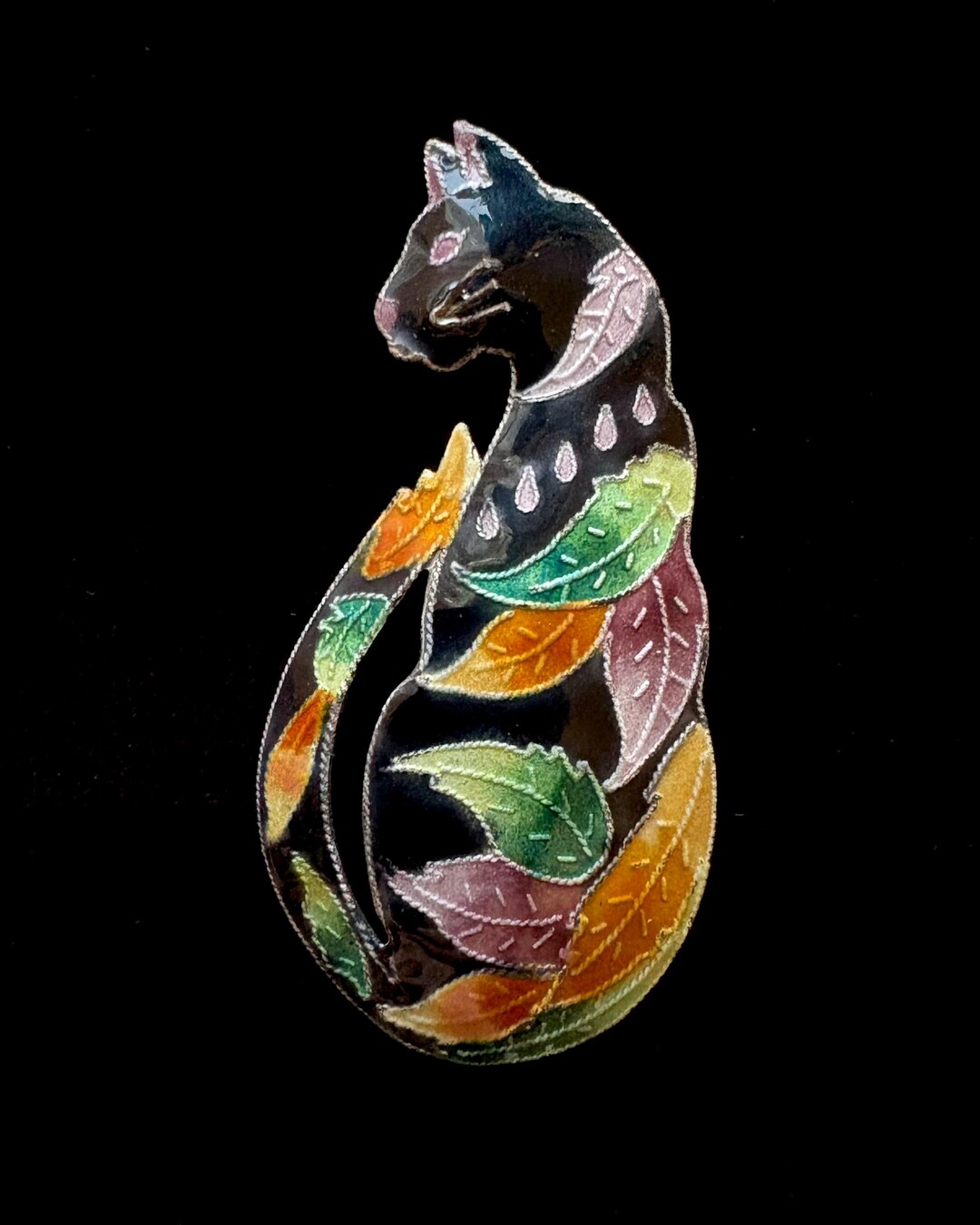Zarah Black Cat Pin, Black Cat With Fall Leaves Pin, Vintage Black Cat ...