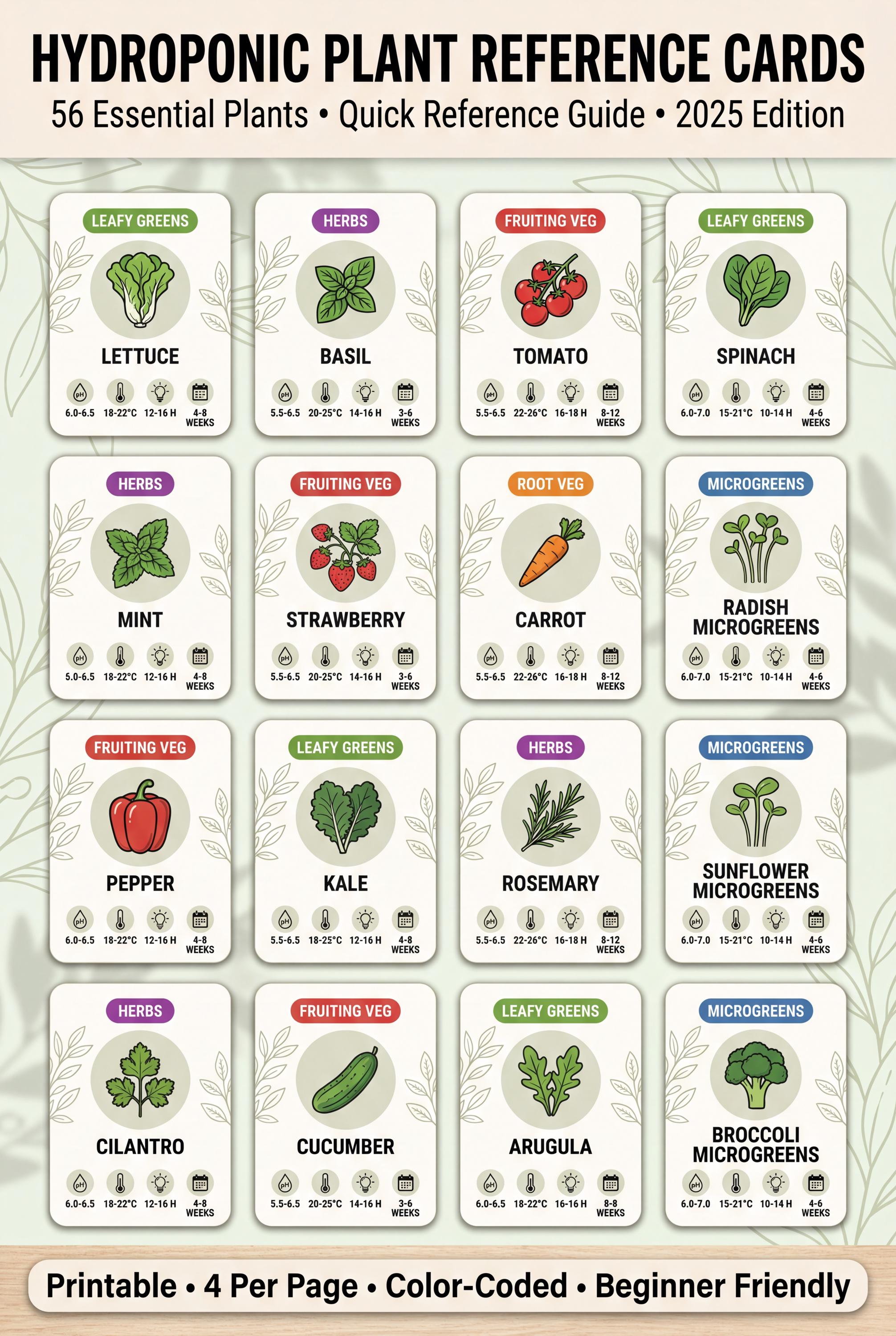 Hydroponics Ph & EC Chart for 56 Plants | Printable Reference Cards ...