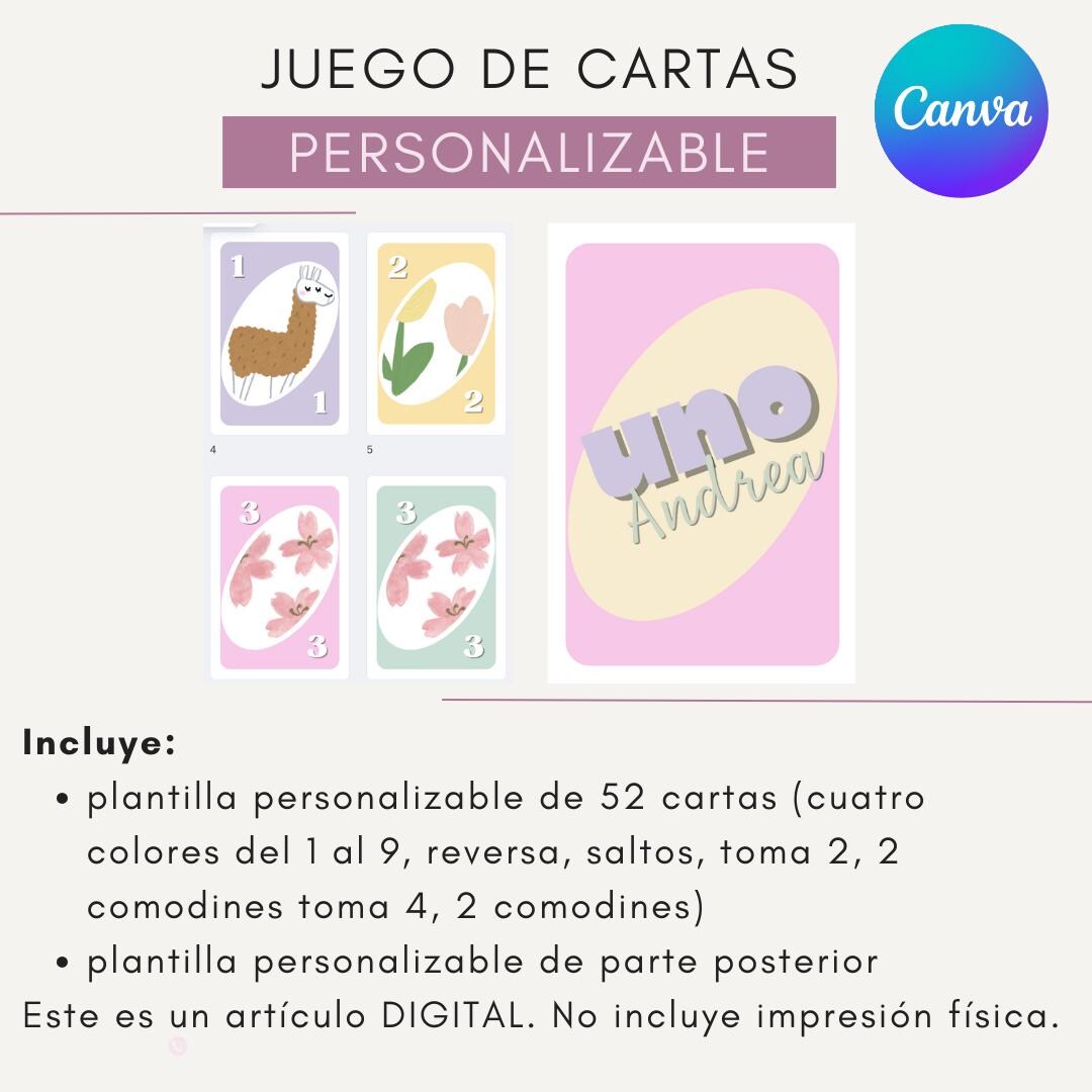 Juego de Cartas tipo UNO personalizable colores pastel niña. Fiestas ...