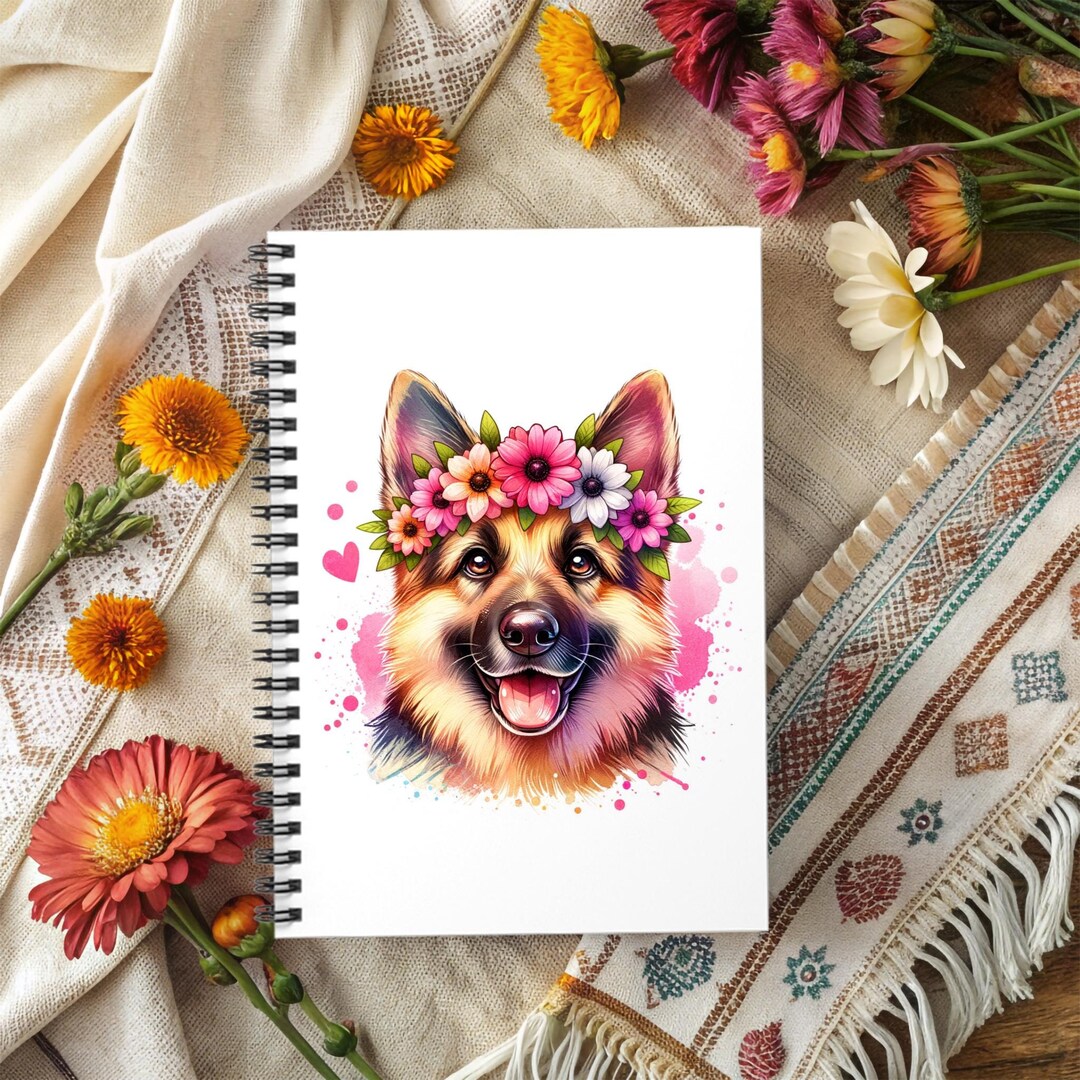 Charming German Shepherd With Flower Headband 6x8 Spiral Notebook Ruled ...