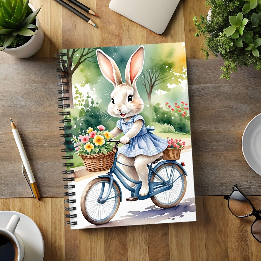 Cute Bunny Bicycle Spiral Notebook, Journal, Diary, Planner, Ruled Line ...