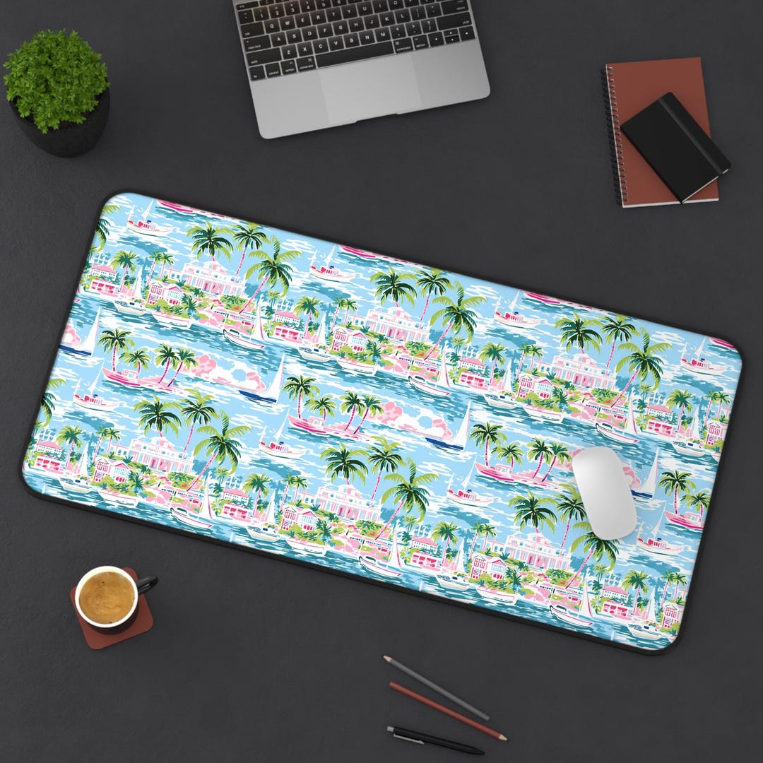 Preppy Coastal Desk Mat With Black Edging: Tropical Palm Tree Office ...