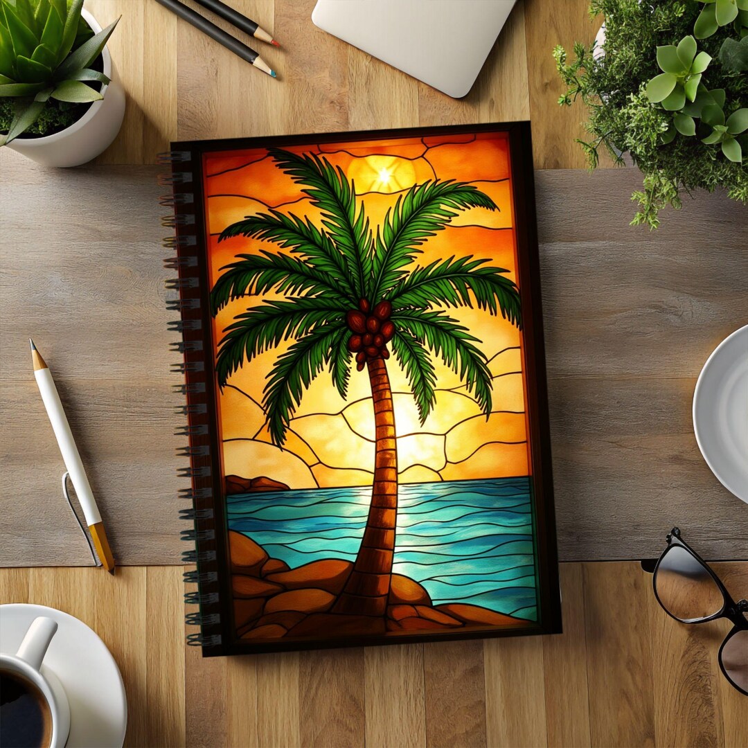 Palm Tree Stained Glass Spiral Notebook, Ruled Line, Tropical Notebook ...