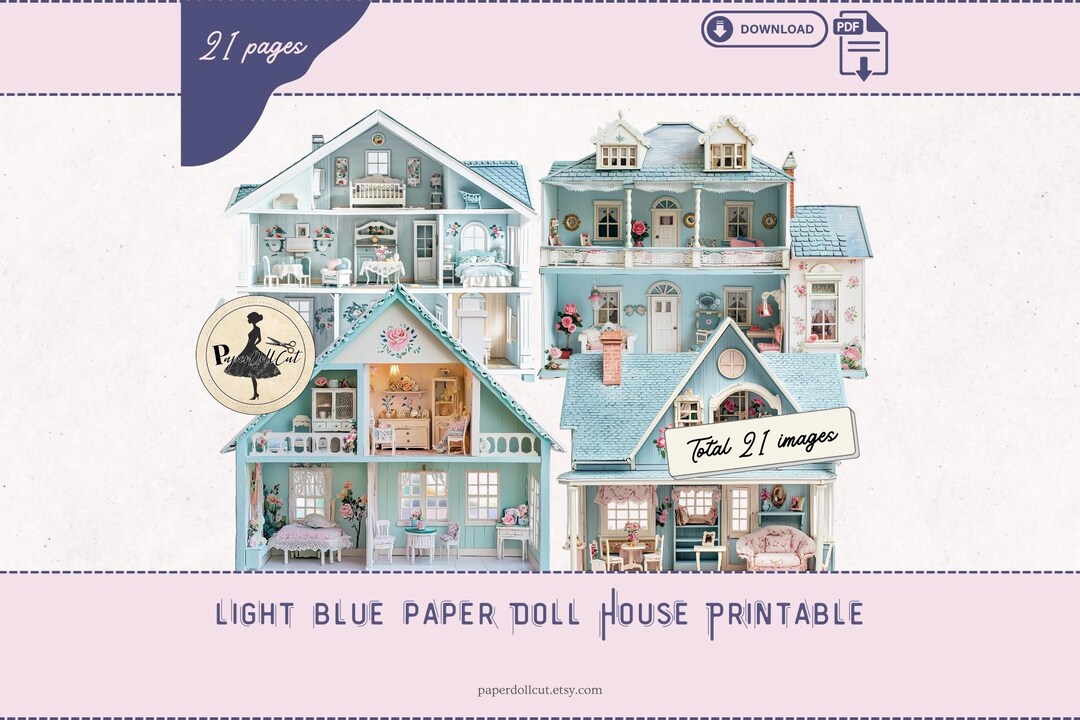 Light Blue Paper Doll House Printable, Shabby Chic, Paper Dollhouse ...