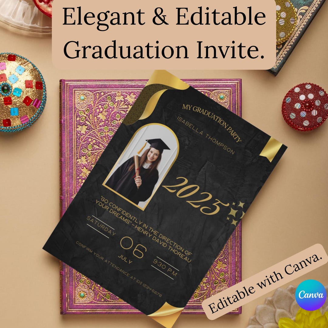 Editable Graduation Party Invitation Template - Black & Gold | Modern ...
